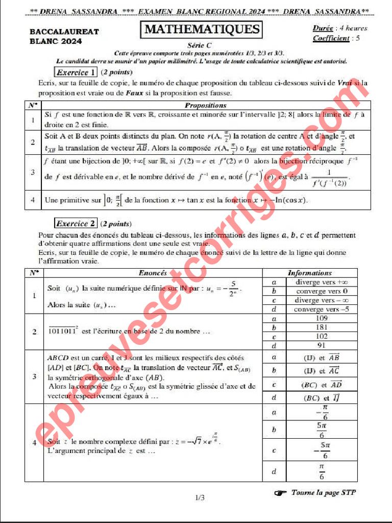 Bac Blanc 2024 Mathematiques Serie C Regional Drena Sassandra Mars 2024 | PDF