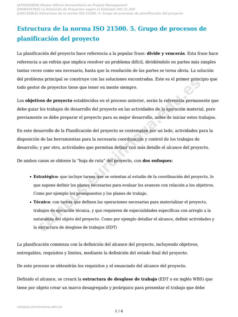 Estructura de La Norma ISO 21500. 5. Grupo de Procesos de Planificación ...