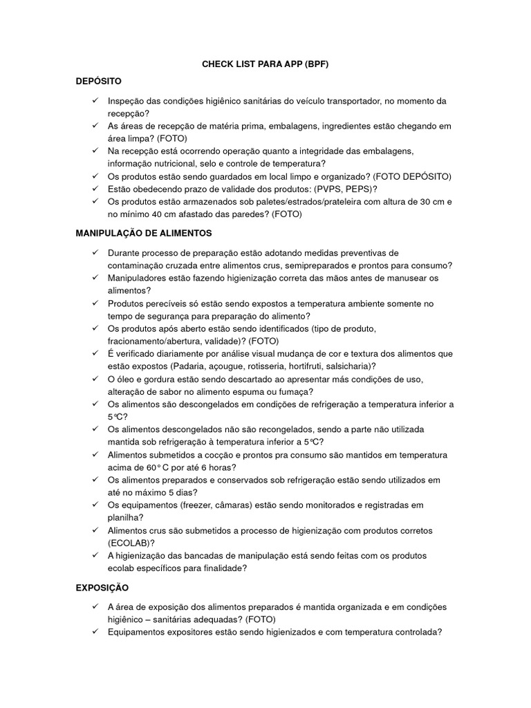 Check List BPF | Download grátis PDF | Desperdício | Embalagem e rotulagem