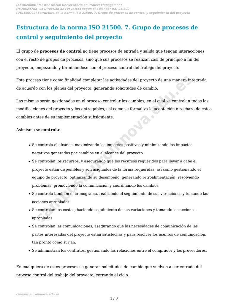 Estructura de La Norma ISO 21500. 7. Grupo de Procesos de Control y ...