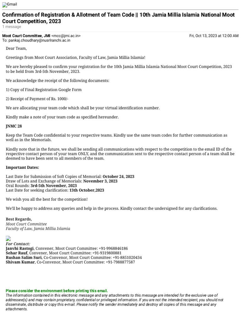 Gmail - Confirmation of Registration & Allotment of Team Code - 10th ...