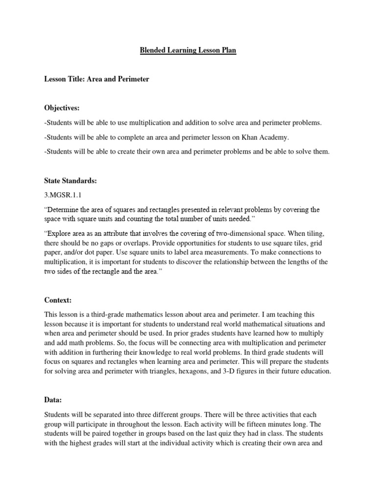blended learning lesson plan | PDF | Area | Multiplication