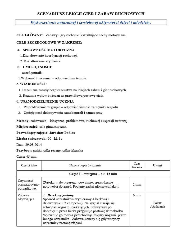 Scenariusz Lekcji Gier I Zabaw Ruchowych | PDF