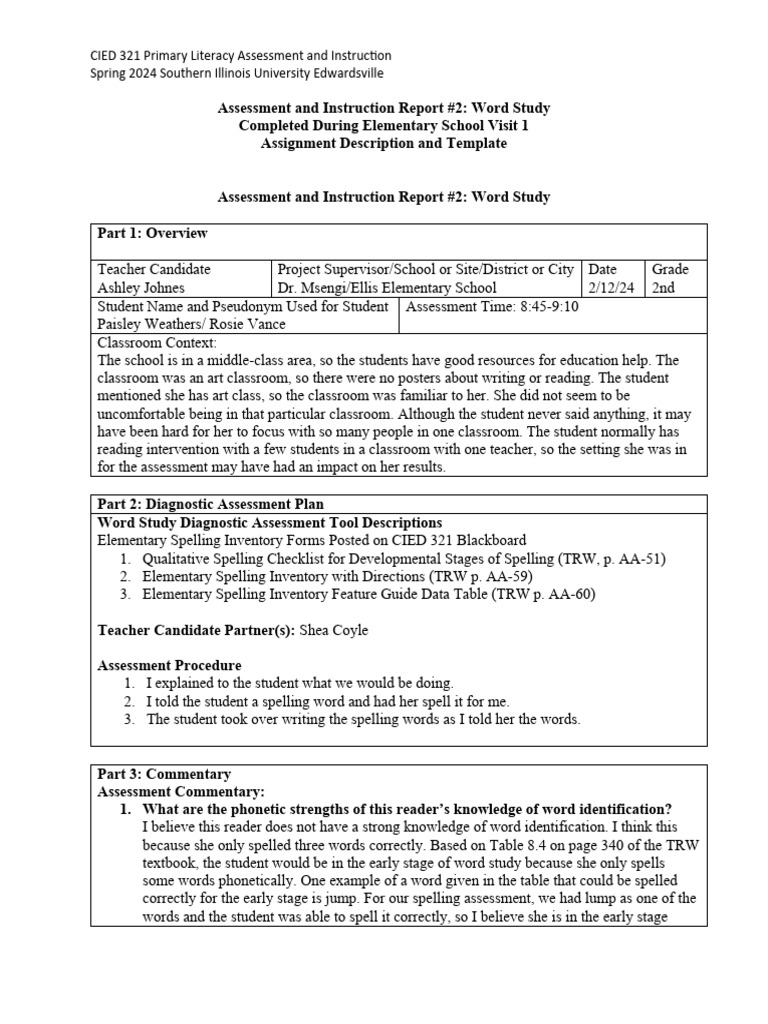 Word Study Assessment Report for 2nd Grade | PDF | Phonics | Cognitive ...