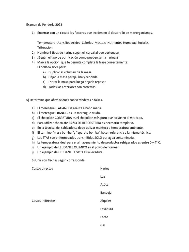 Examen de Pendería 2023 | PDF | Alimentos | Chocolate