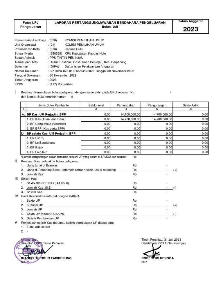 Laporan Pertanggungjawaban Bendahara Pengeluaran Form LPJ Pengeluaran | PDF