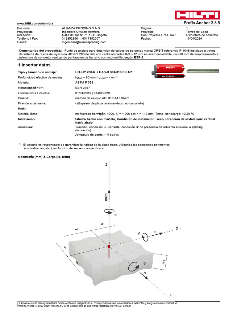 Memoria de Calculo de Instalacion de Anclajes | PDF | Hormigón ... Memoria de Calculo de Instalacion de Anclajes | PDF | Hormigón ...