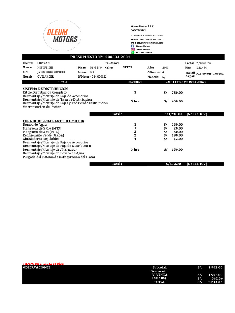 Proforma 000333 - MITSUBISHI OUTLANDER - PLACA - B1M-350 KIT DE ...