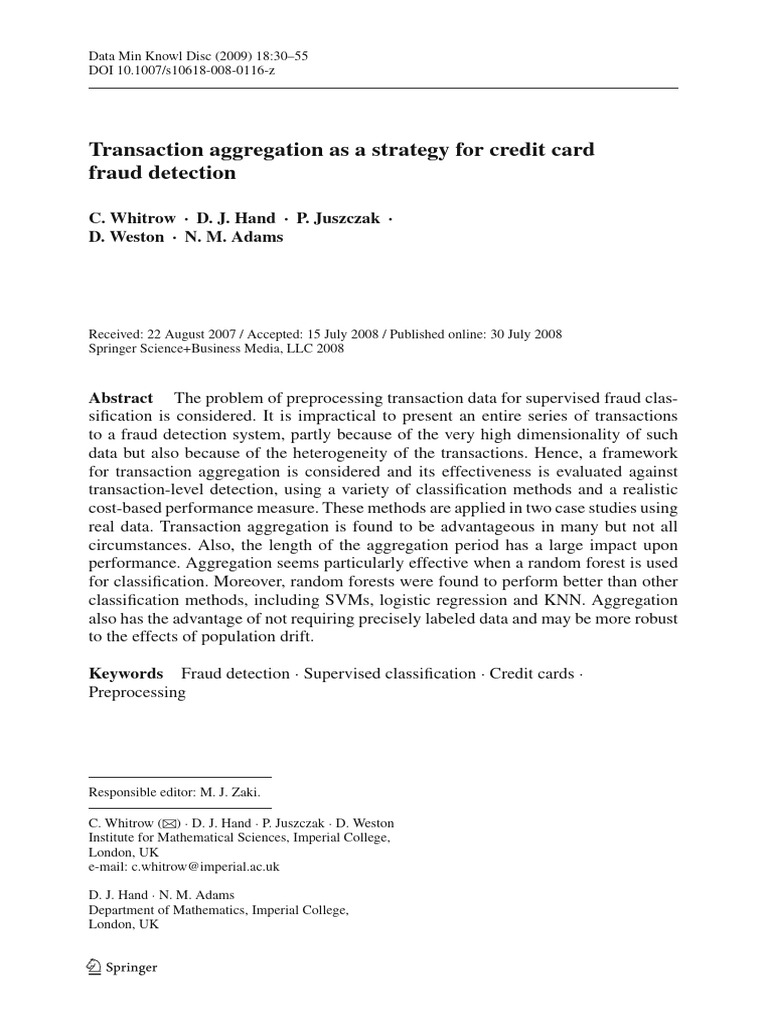 Whitrow2009 Article TransactionAggregationAsAStrat | PDF | Statistical Classification | Applied ...