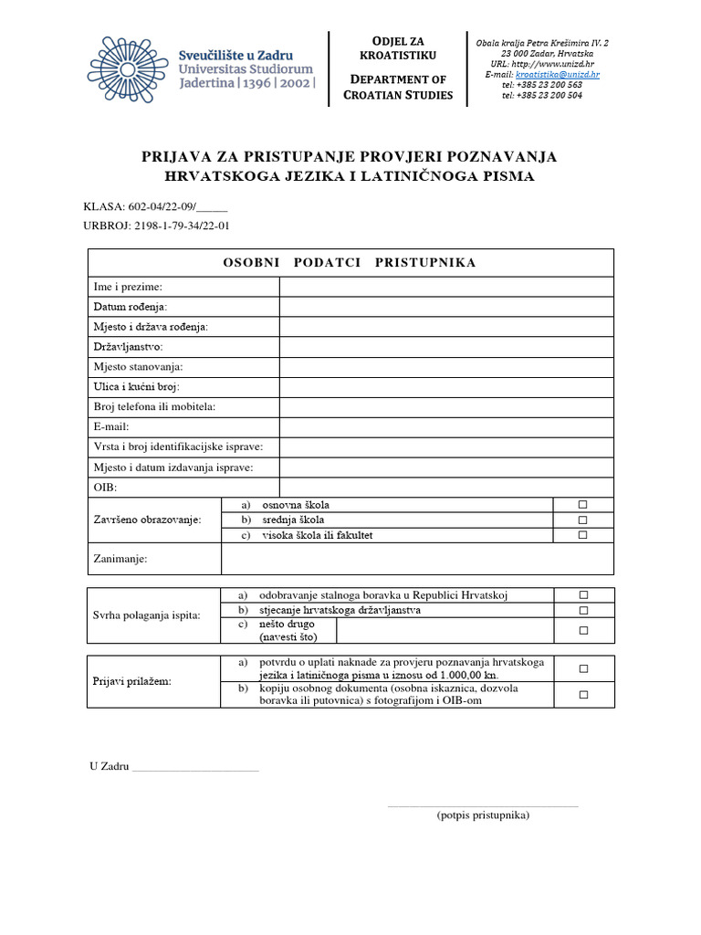 Prijava Za Ispit INI Hrvatski B1 - 2022 (5518) | PDF