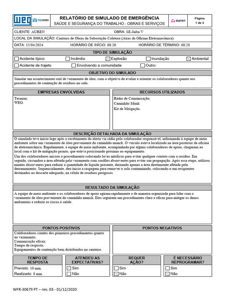 RELATORIO DE SIMULADO DE EMERGENCIA | PDF | Desperdício