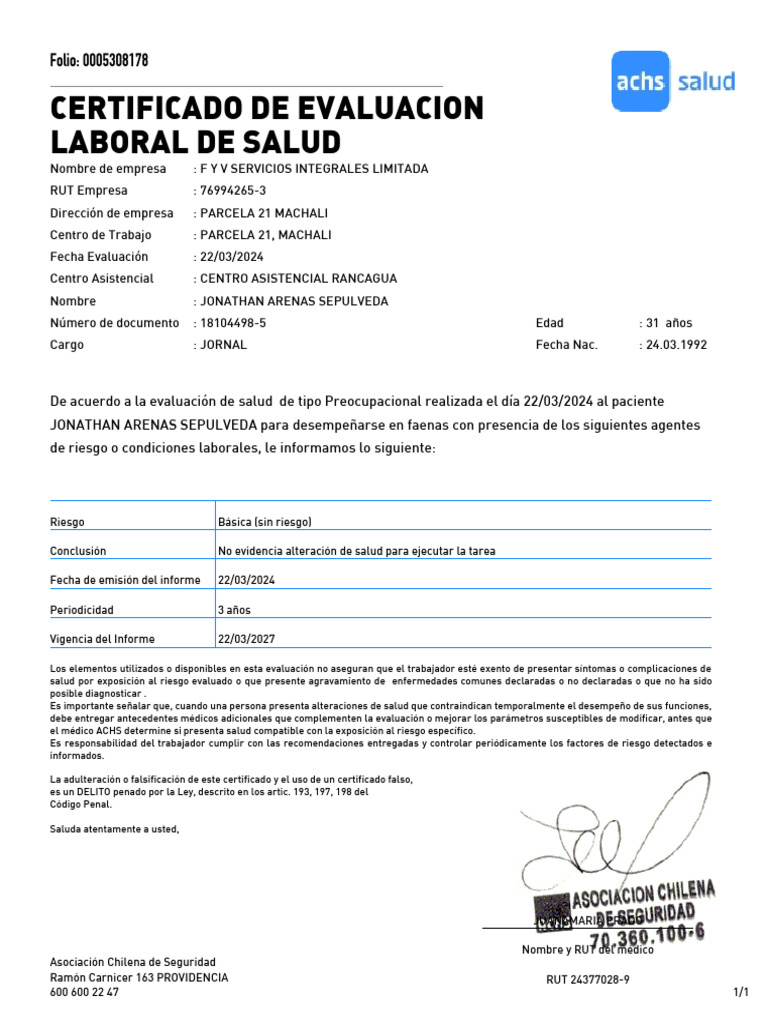 Certificado de Evaluacion Laboral Jonathan Arenas | PDF | Medicina CLINICA | Epidemiología