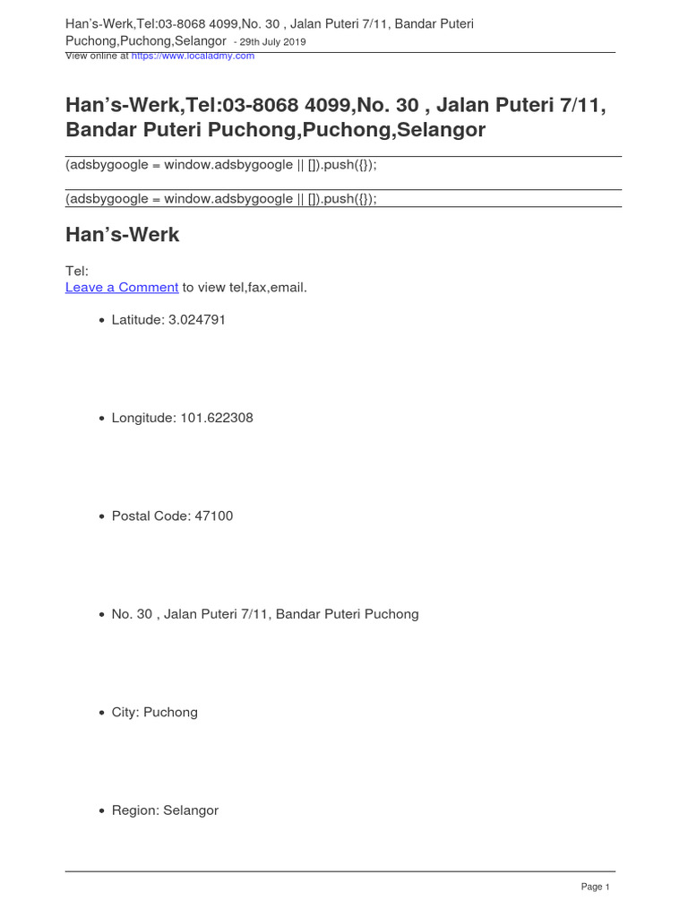 Han's-Werk Puchong Contact Details | PDF