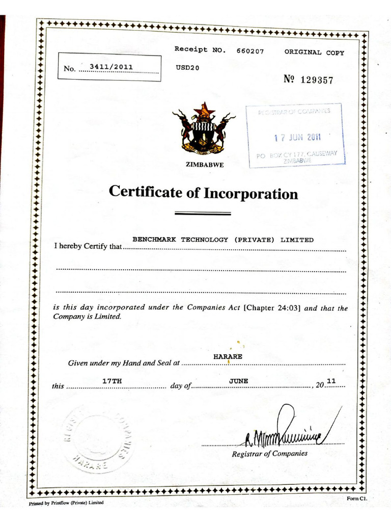 Benchmark Certificate of Incorporation | PDF