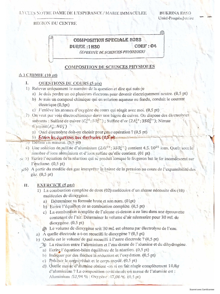 Devoir PC Marie Immaculée | PDF