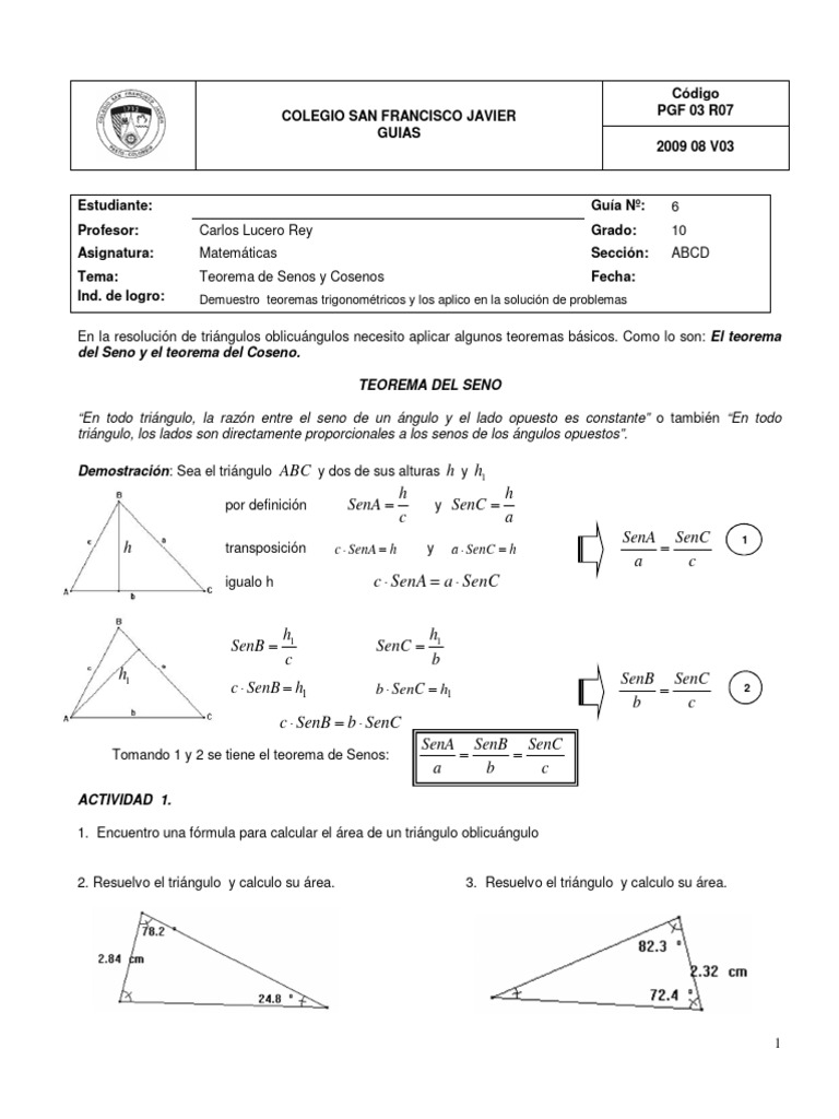 Matematicas 10 Guia 6 Teorema de Senos y Cosenos | PDF | Triángulo | Funciones trigonométricas