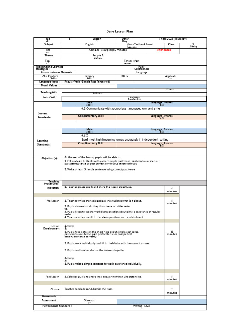 Form 3 | PDF | Grammatical Tense | Lesson Plan