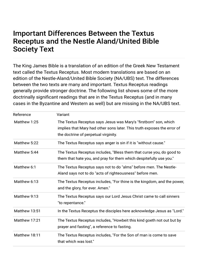 Differences Between The Textus Receptus and The Nestle Aland - United ...