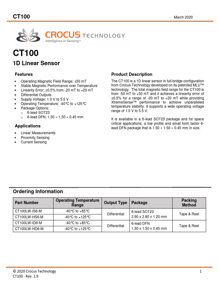 CT100LW-IS6-M (TMR Sensor, Linear, - 40 To 85°C) | PDF | Electrostatic ...