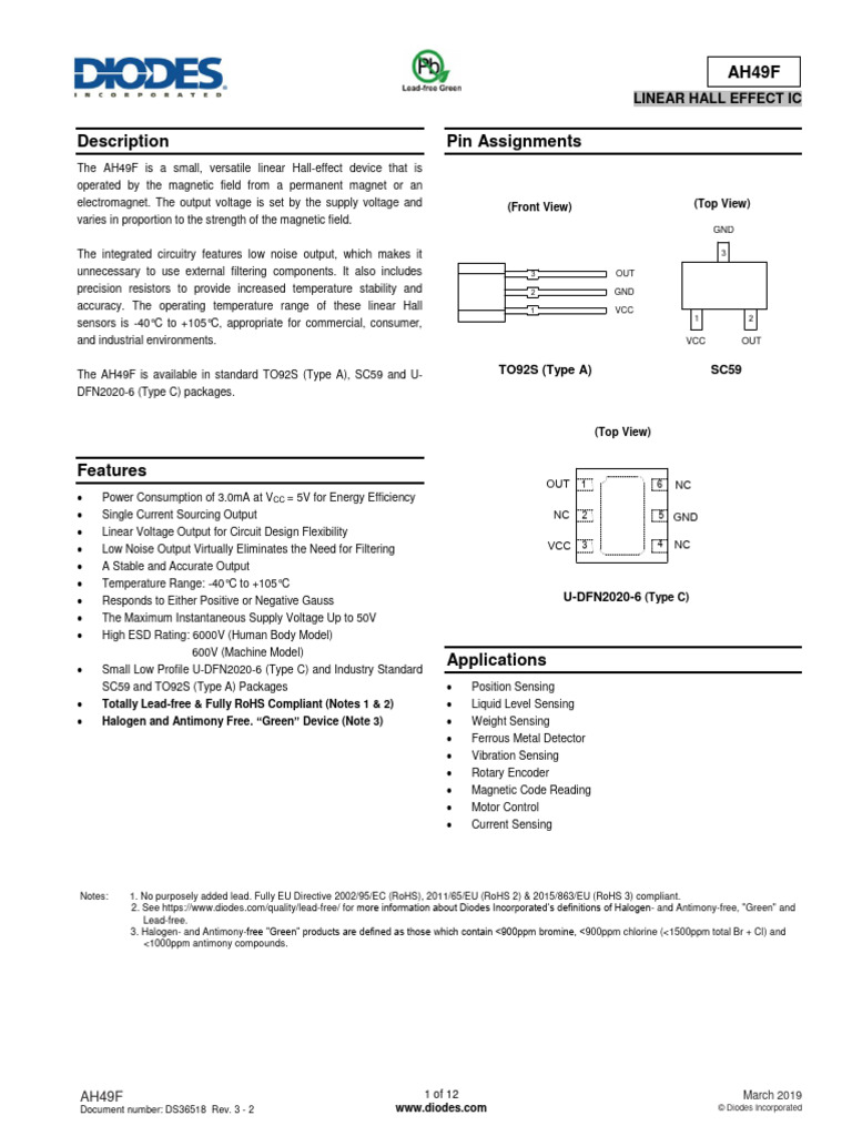 AH49FDNTR-G1 (hall effect sensor, -40 to 105 °C) | PDF | Sensor | Electrical Engineering