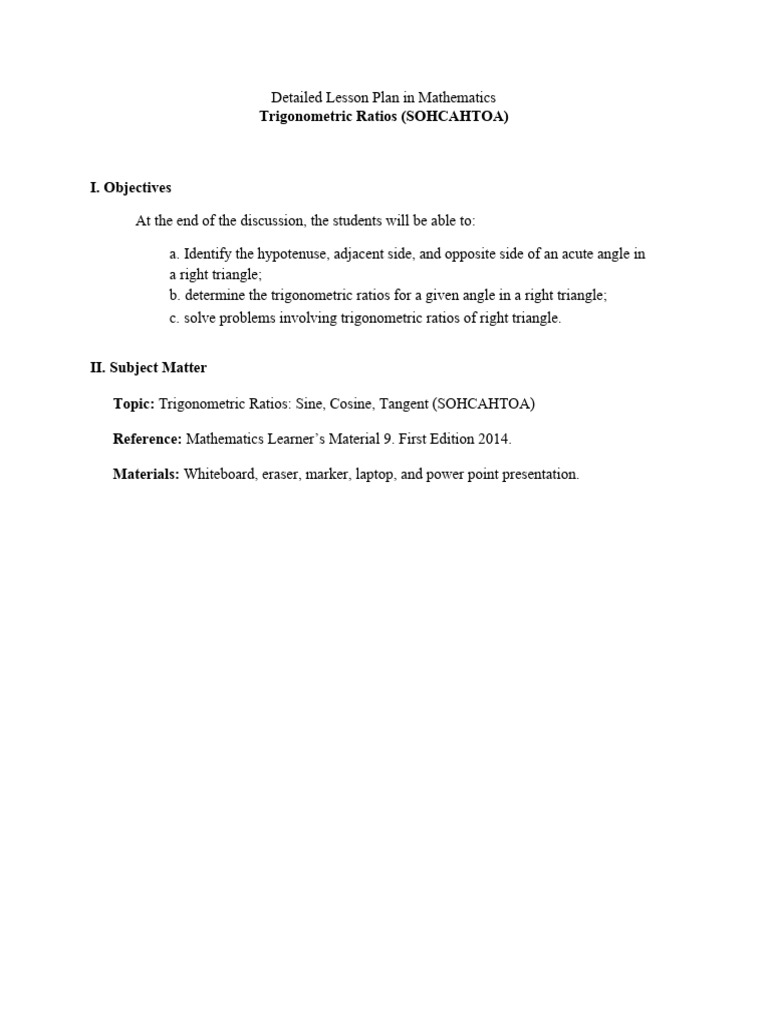 SOHCAHTOA Trigonometry Lesson Plan | PDF | Trigonometric Functions ...