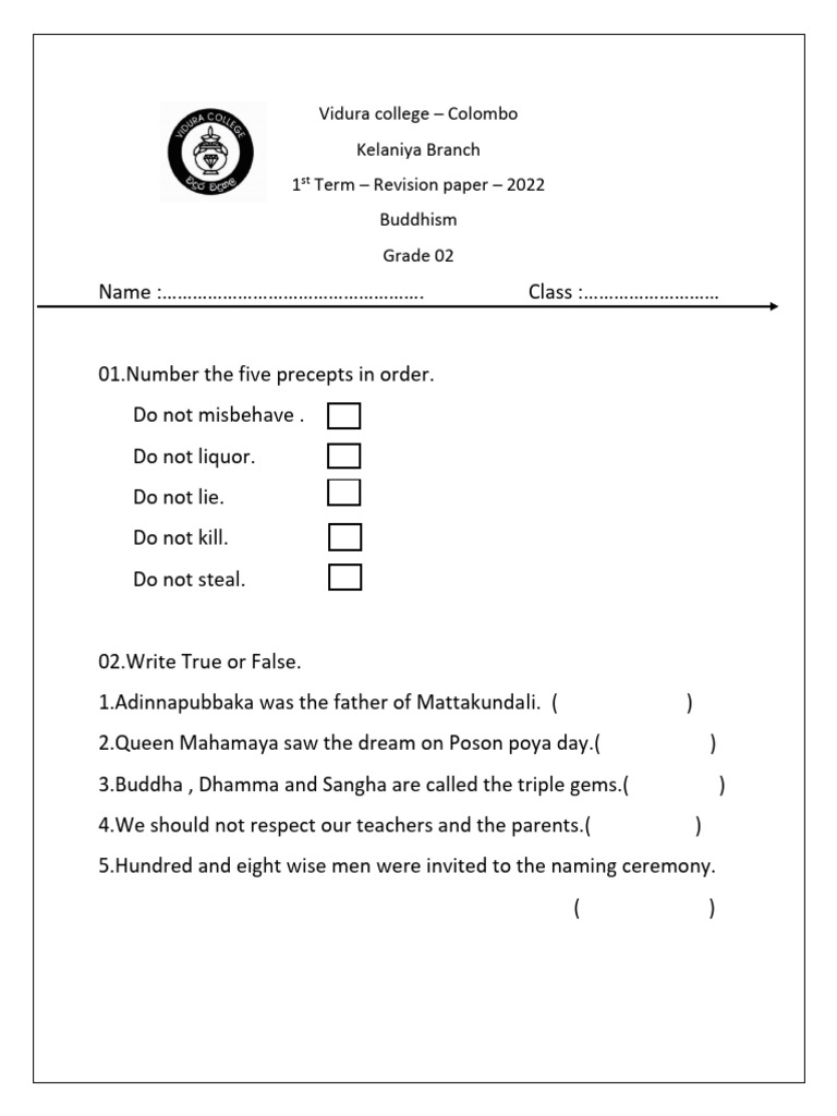 Grade 2 Buddhism 1st Term Revision Paper | PDF
