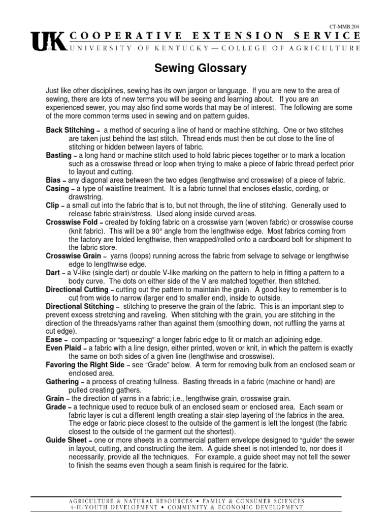 Learn To Sew! Sewing Glossary | PDF | Knitting | Seam (Sewing)