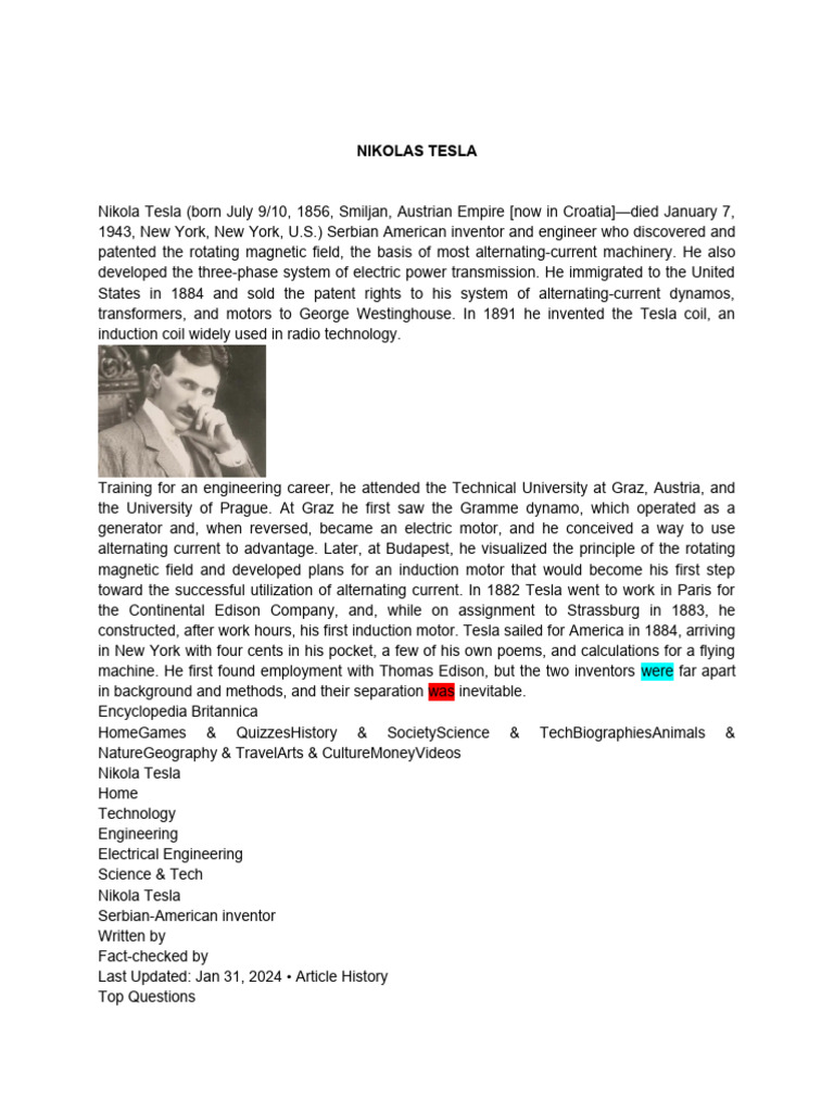 Nikolas Tesla | PDF | Nikola Tesla | Electric Motor
