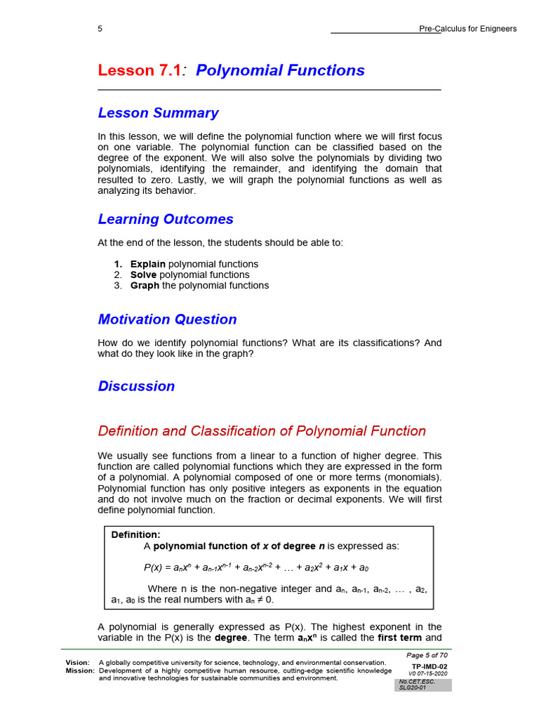 Lesson 7.1 - Polynomial Functions | PDF | Quadratic Equation | Polynomial