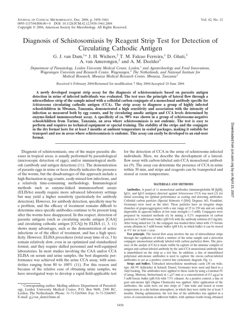 Diagnosis of Schistosomiasis by Reagent Strip Test For Detection of ...