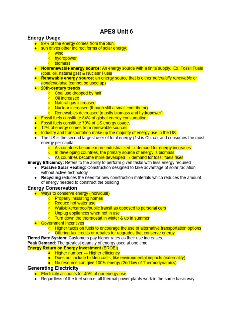 APES Unit 6 Study Guide | PDF | Fuels | Solar Energy