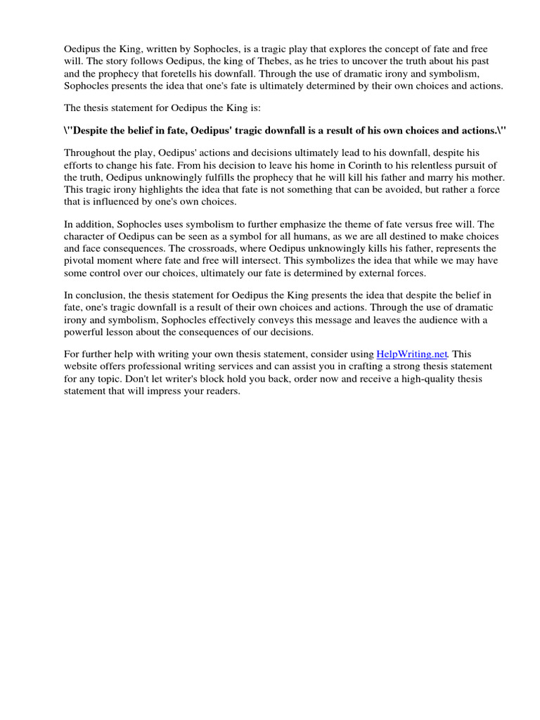 Thesis Statement For Oedipus The King | PDF | Sophocles