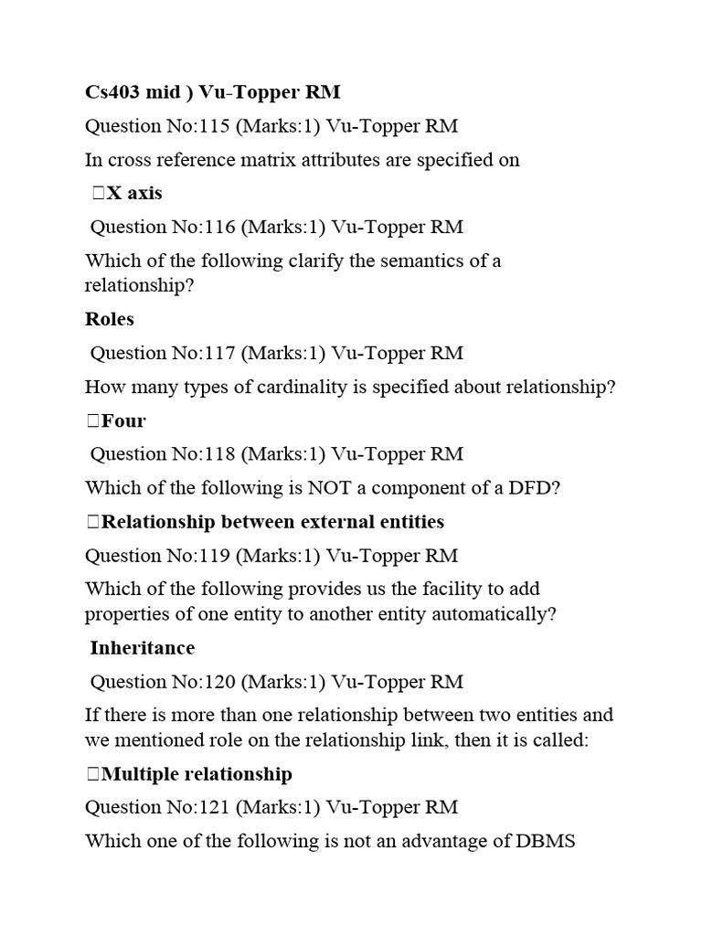 Cs403 mid vu toper 2 | PDF | Data Model | Relational Database