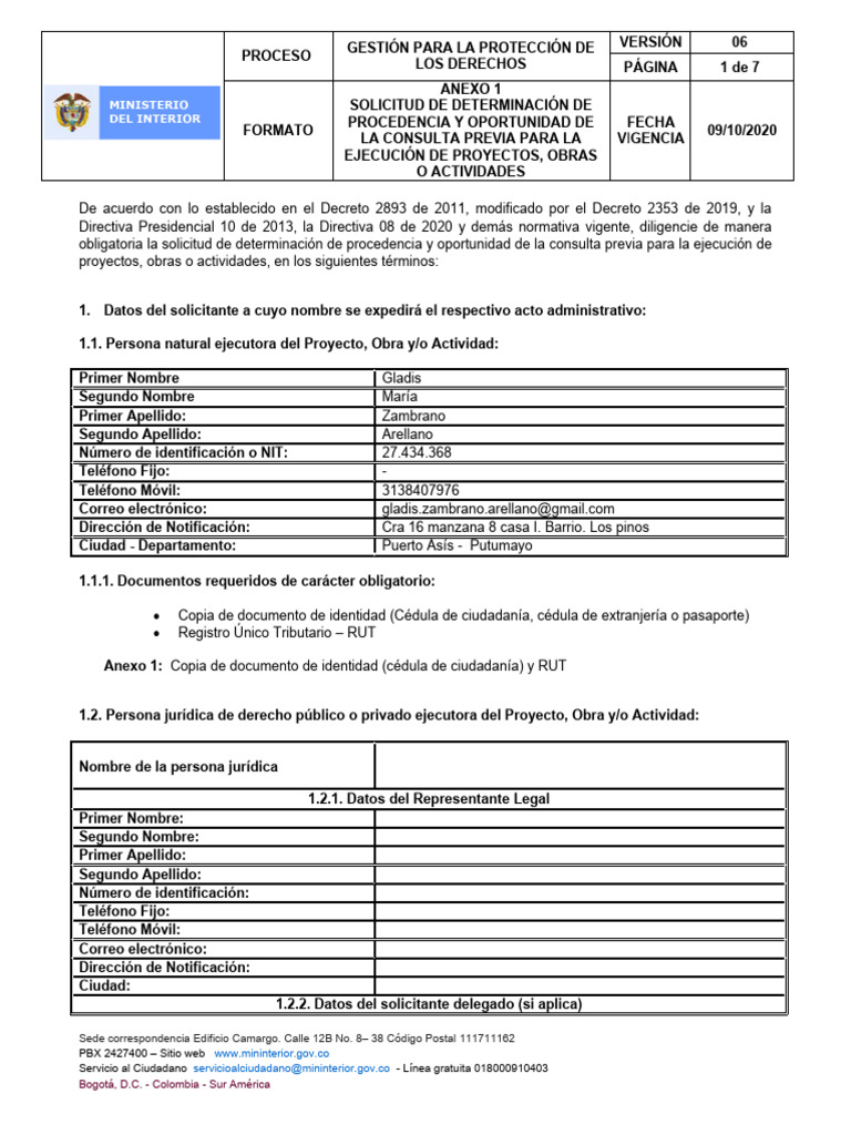 Anexo 1 Solicitud de Determinacion Procedencia Oportunidad Consulta Previa Ejecucion Proyectos ...