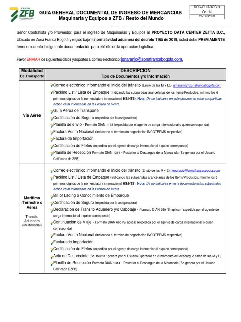 Guía Documental Ingreso Maquinaria ZFB | PDF
