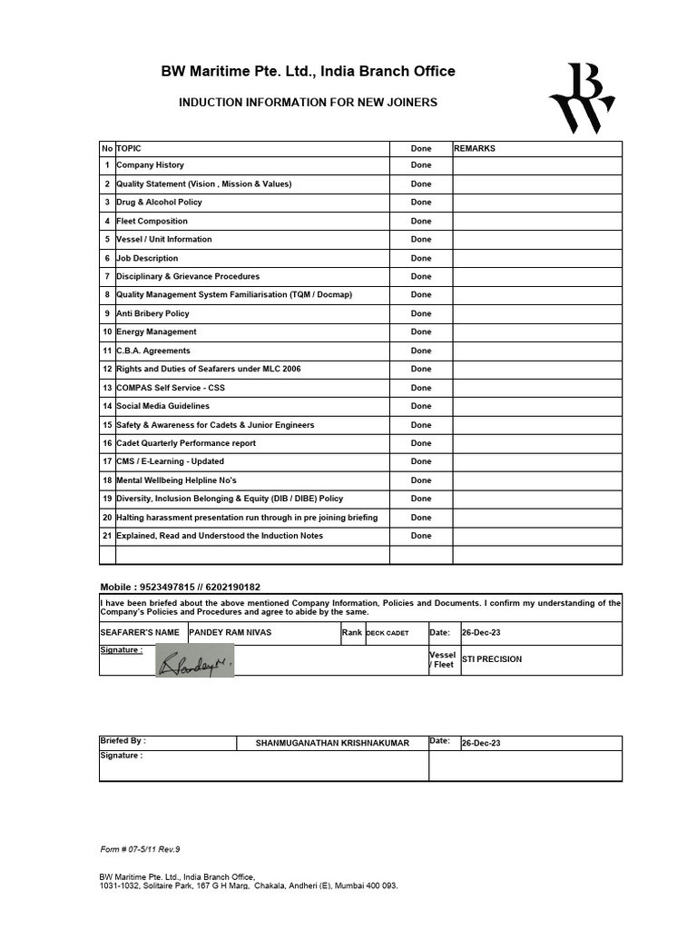 New Joiner Induction Guide BW Maritime | PDF | Business