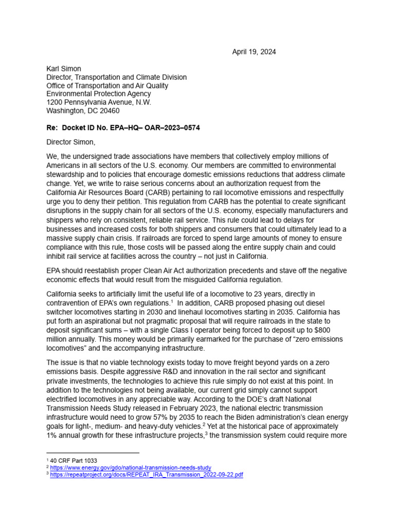 EPA / CARB Locomotive Letter - Trade Groups | PDF | United States ...