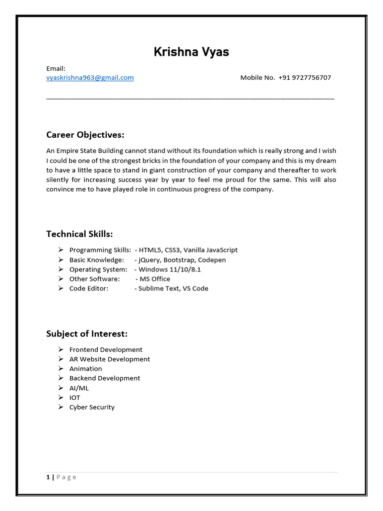 CV of Krishna Vyas | PDF | Bootstrap (Front End Framework) | Software ...