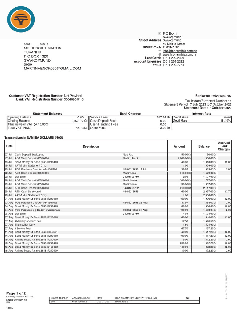 FNB Namibia Account Statement Summary | PDF | Cash | Debit Card