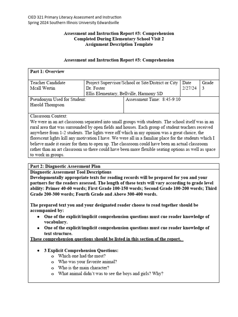 Assessment 3 | PDF | Reading Comprehension | Behavior Modification