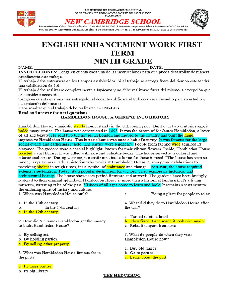 Ninth Grade English Enhancement Tasks | PDF | Verb | Preposition And ...