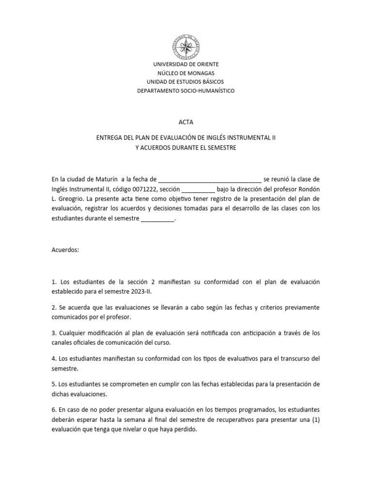 Ing Ins II - Acta Escrita Del Plan de Evaluación | PDF