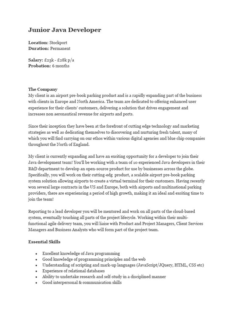 Junior Java Developer Job Spec | PDF | Software Development | Software