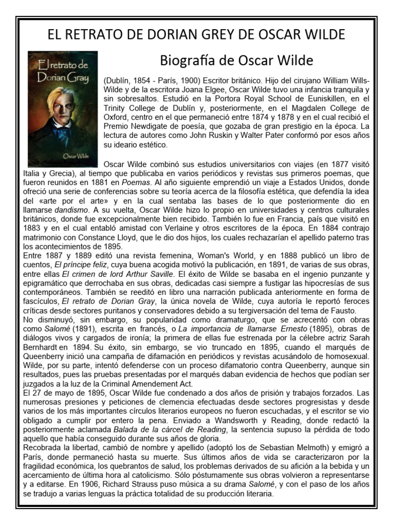 EL RETRATO DE DORIAN GREY DE OSCAR WILDE | PDF | Oscar Wilde | La ...