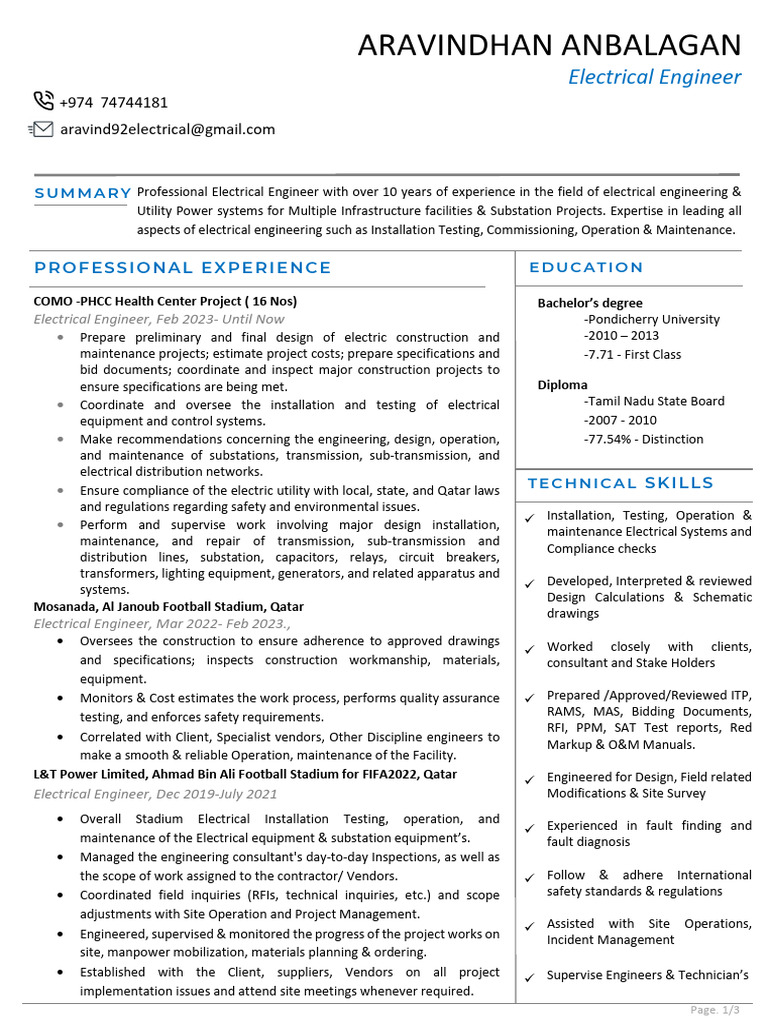 Aravindhan Resume Electrical Engineer Project-1 | PDF | Electrical ...