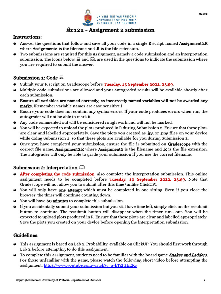 STC122 - Assignment 2 - Submission Instructions - 2022 | PDF | Filename | Probability