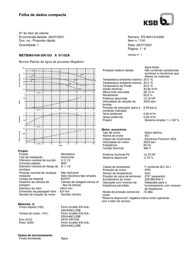 Folha de Dados BOMBAS KSB | PDF | Motores | Bomba