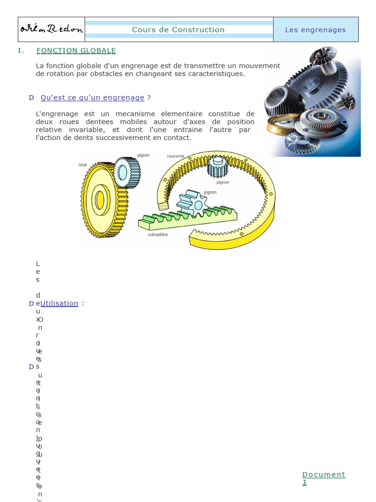 Cours sur les Engrenages et leurs Types | PDF | Engrenage | Machine