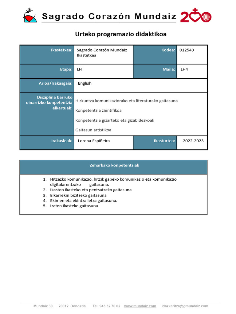 Urteko Programazio Didaktikoa: Ikastetxea: Kodea | PDF