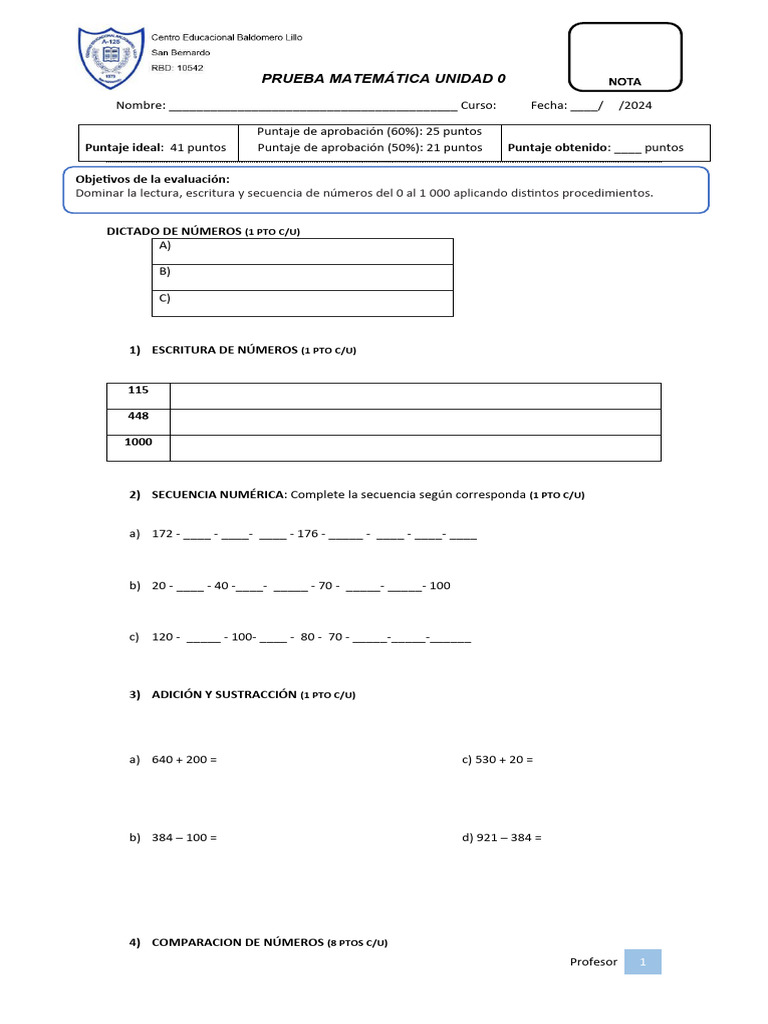 Prueba Matematica Tercero Unidad 0 | PDF